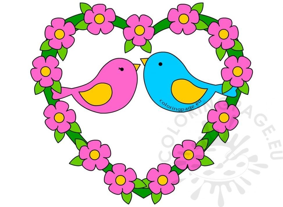 Valentines love birds with floral heart clipart | Coloring Page