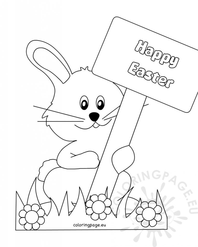 Printable Happy Easter Bunny with Sign | Coloring Page