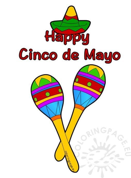Happy Cinco de Mayo Sombrero and Maracas | Coloring Page