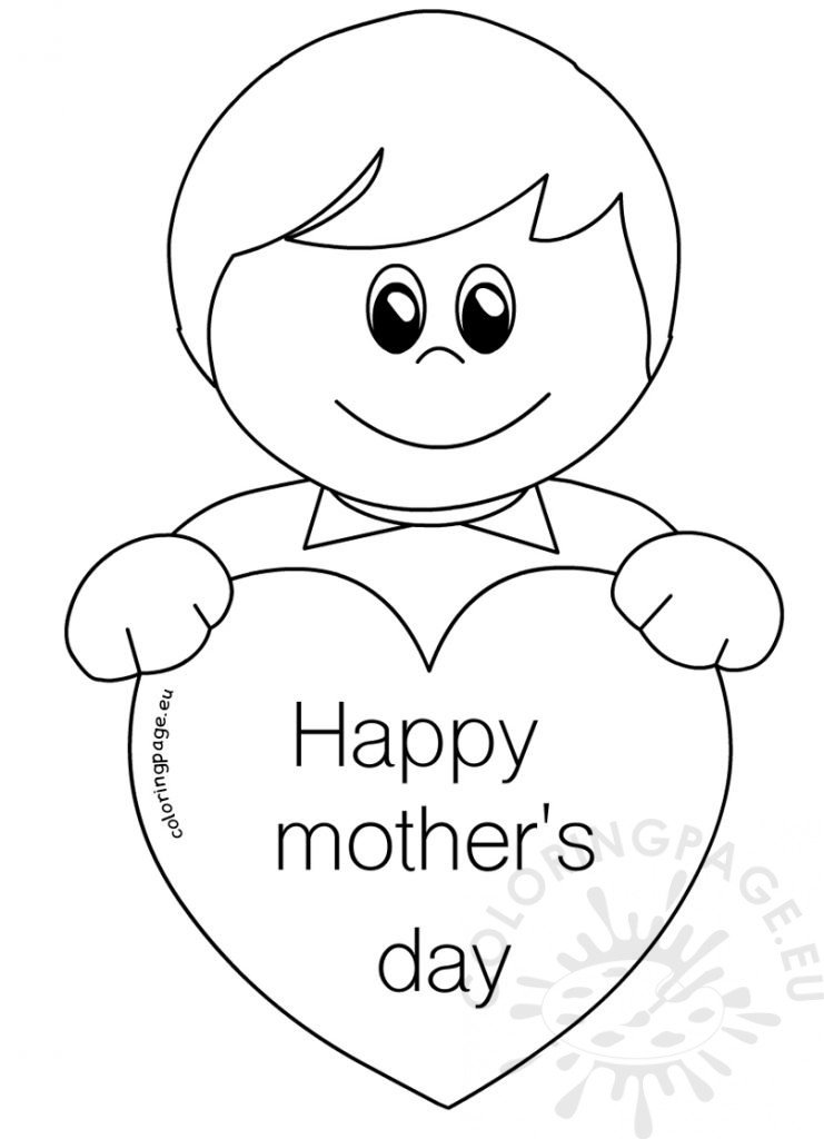 Boy with heart Mother’s Day Card for Kids | Coloring Page