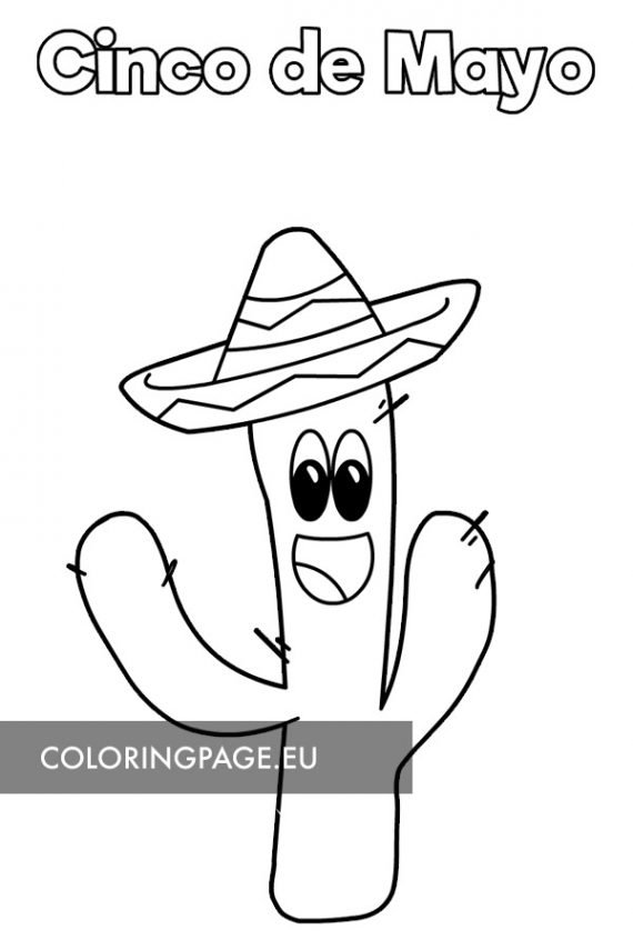 Printable Mexican Cactus With Sombrero | Coloring Page