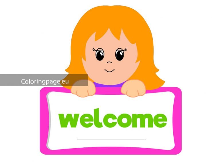 Girl holding welcome | Coloring Page