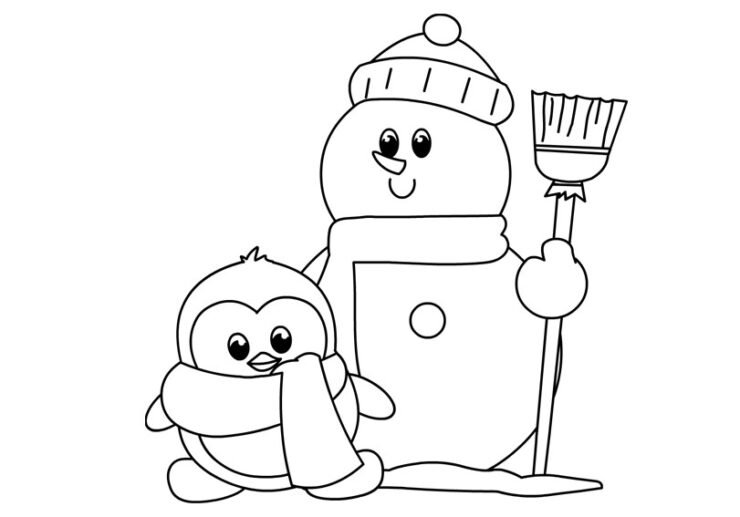 Penguin and Snowman | Coloring Page