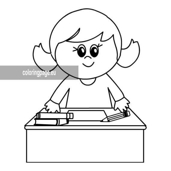 Girl sitting at desk | Coloring Page