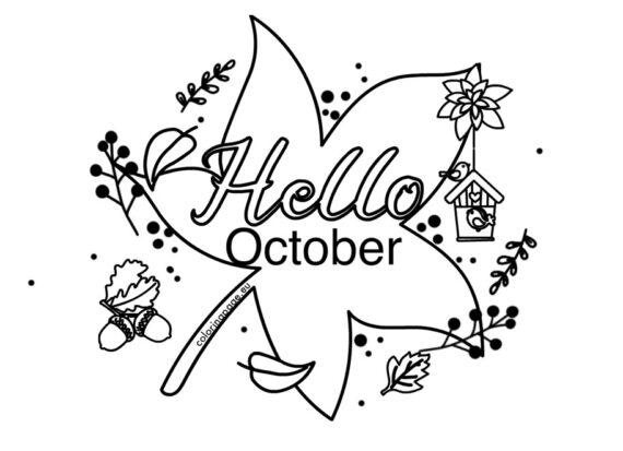 Printable Hello October design | Coloring Page