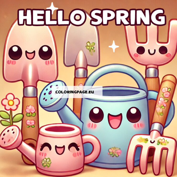 Kawaii Hello Spring | Coloring Page