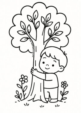 Child hugging a tree | Coloring Page
