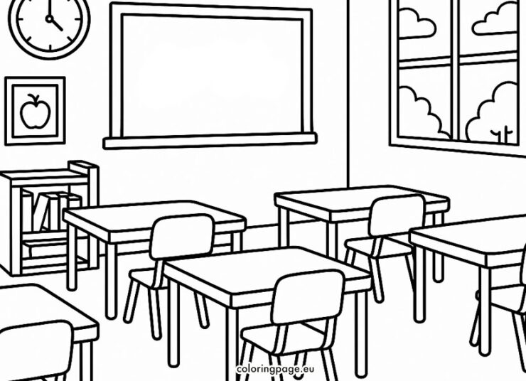 Classroom with desks | Coloring Page