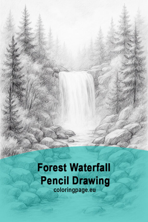 Forest Waterfall Pencil Drawing Coloring Page | Coloring Page