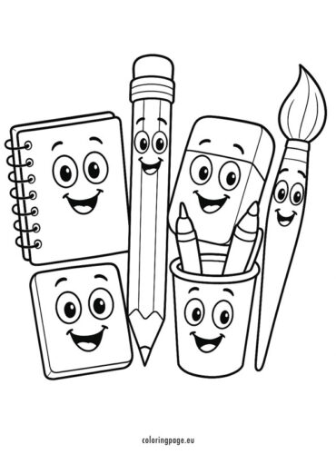 School objects cartoon | Coloring Page