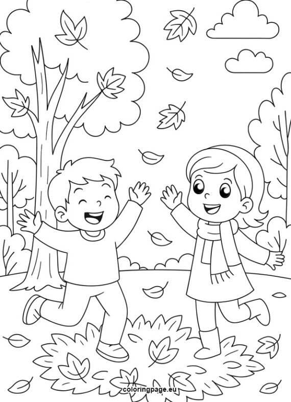 Children playing with autumn leaves | Coloring Page