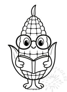 Cute Corn Reading a Book | Coloring Page