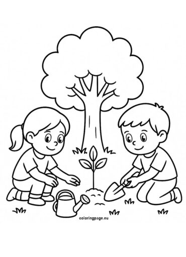 Kids Planting a Tree | Coloring Page