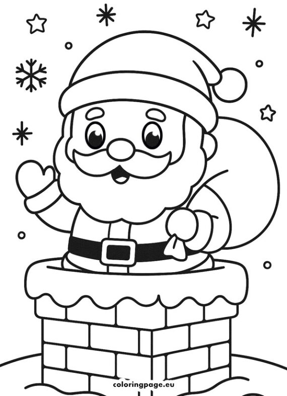 Santa Coming Down the Chimney | Coloring Page