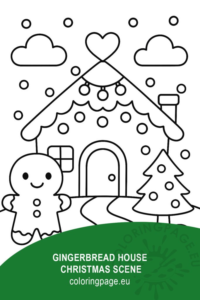 Gingerbread House Christmas Scene | Coloring Page