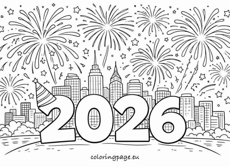 New Year Fireworks Scene to Color | Coloring Page