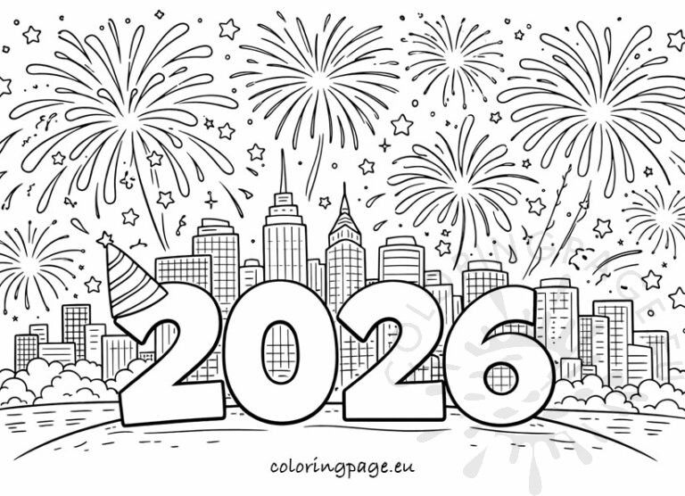 New Year Fireworks Scene to Color | Coloring Page