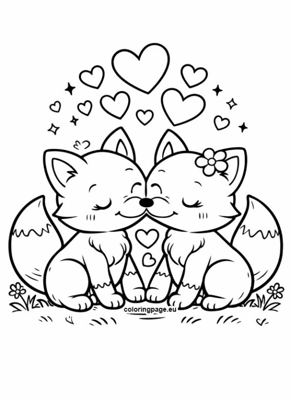 Fox couple Valentine | Coloring Page