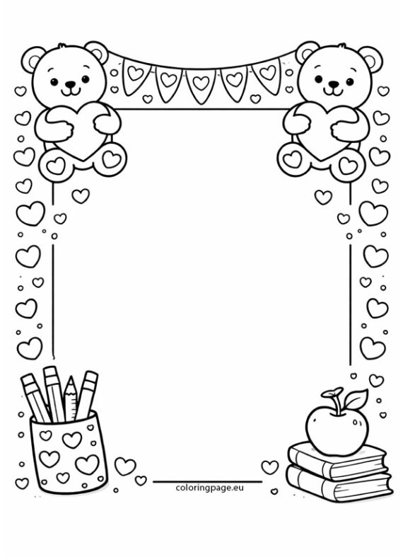 Classroom Bear Heart Border | Coloring Page