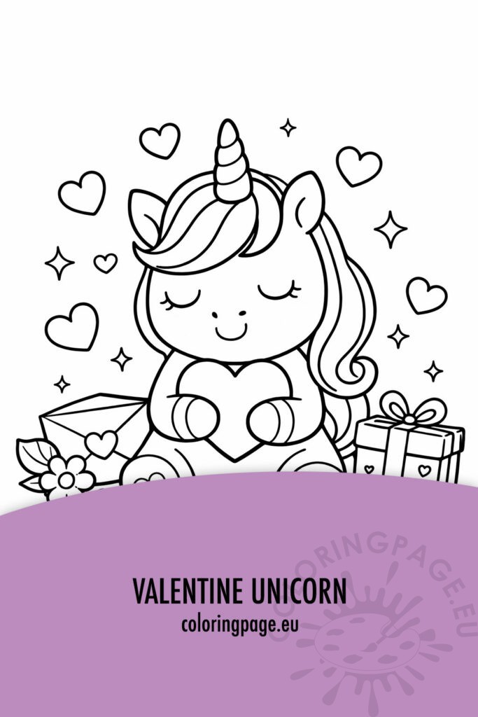 Printable Valentine unicorn | Coloring Page
